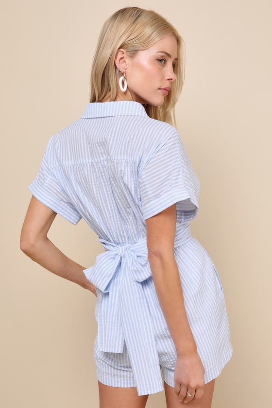 White & Blue Striped Romper - Seersucker Romper - Tying Romper - Lulus