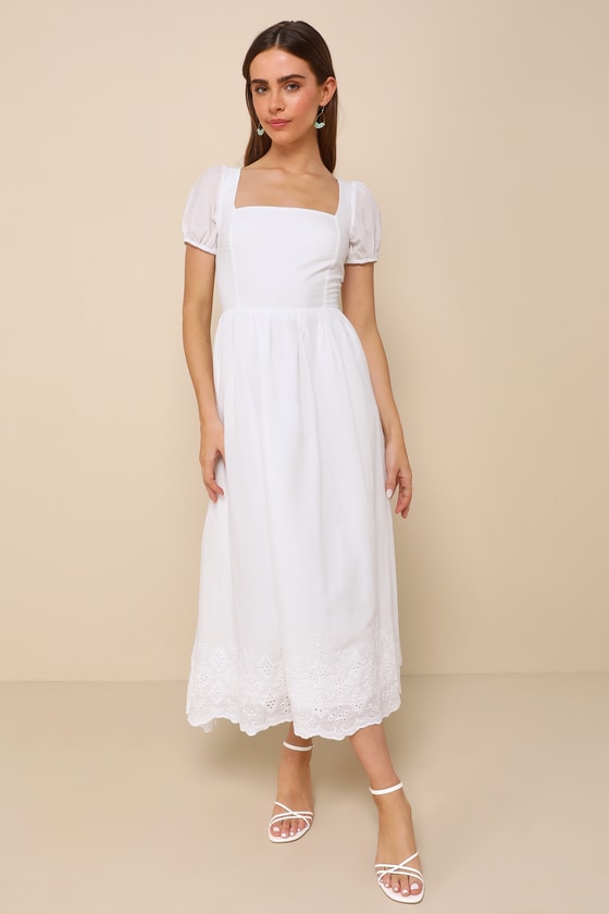 White Puff Sleeve Dress - White Midi Dress - Embroidered Dress - Lulus