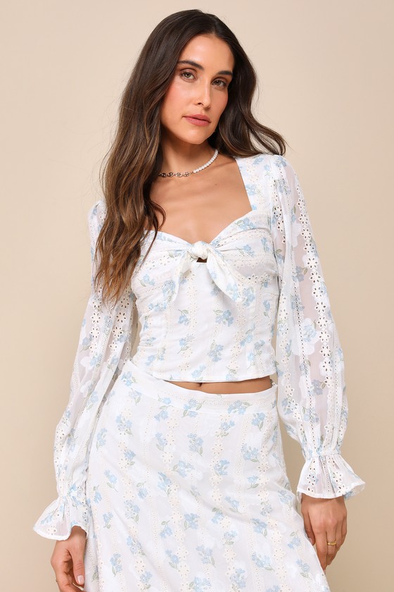 Ivory Floral Embroidered Top - Tie-Front Top - Back Cutout Top - Lulus