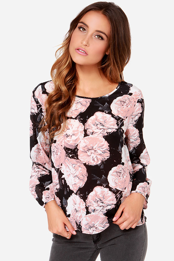Floral Print Top - Long Sleeve Top - Silk Top - Black Top - $81.00 - Lulus