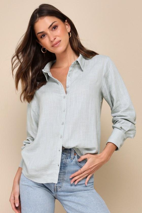 Light Sage Green Linen Top - Button-Up Top - Long Sleeve Top - Lulus