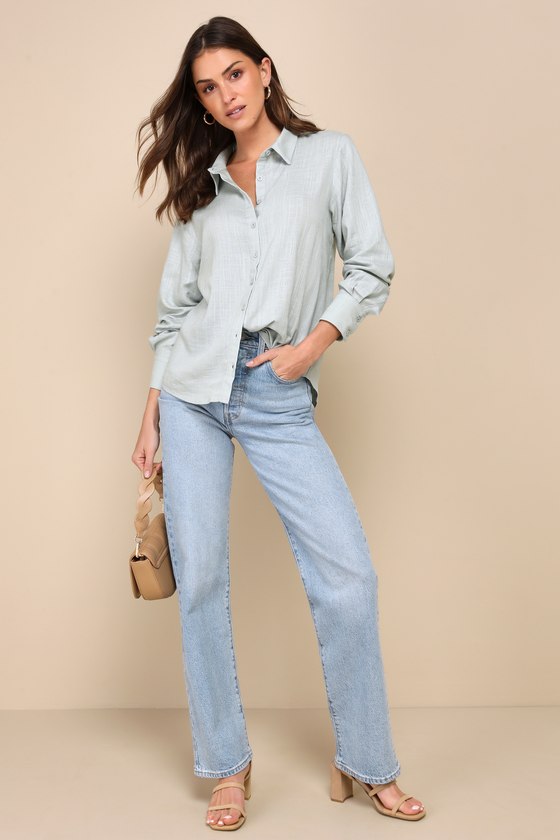 Light Sage Green Linen Top - Button-Up Top - Long Sleeve Top - Lulus