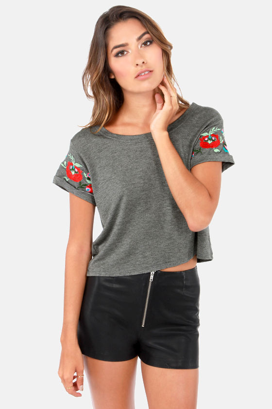 Cute Embroidered Tee - Grey Crop Tee - Gray Crop Top - $30.00 - Lulus