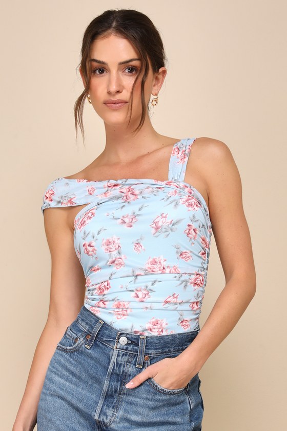 Light Blue Floral Bodysuit - Mesh Ruched Bodysuit - Bodysuit - Lulus