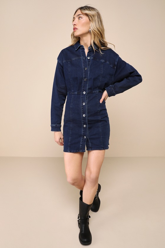 Free People Amber Dress - Dark Wash Denim Dress - Mini Dress - Lulus