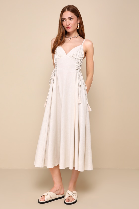 Beige Linen Dress - Lace-Up Midi Dress - A-Line Midi Dress - Lulus