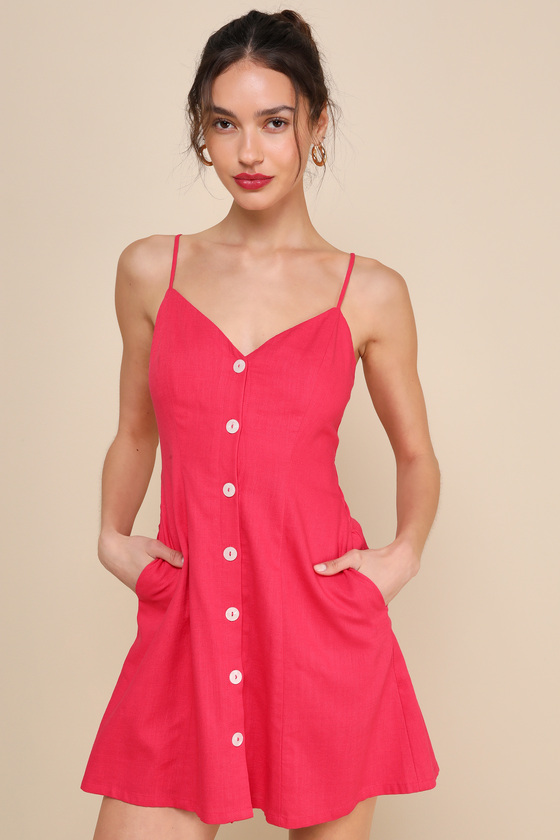 Hot Pink Linen Dress - Mini Dress With Pockets - A-Line Dress - Lulus