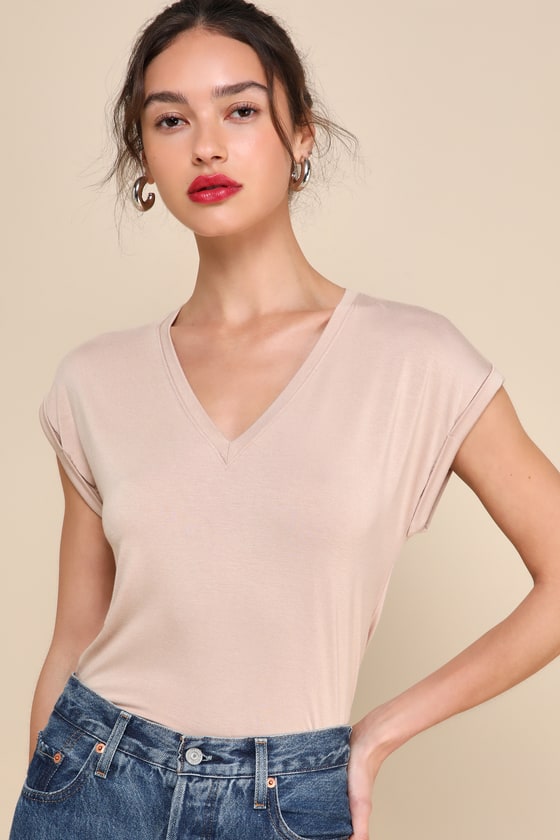 Beige T-Shirt - V-Neck Tee - Jersey Knit T-Shirt - Beige Top - Lulus