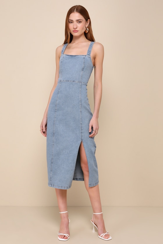 Light Wash Denim Dress - Lace-Up Midi Dress - Denim Midi Dress - Lulus