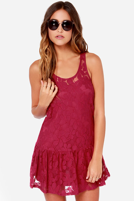Berry Red Dress - Drop Waist Dress - Lace Dress - Sleeveless Dress ...