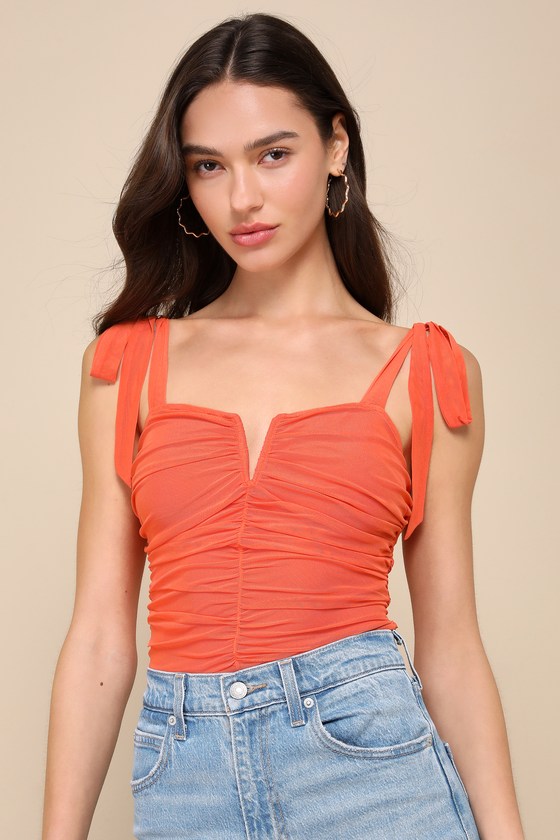 Orange Crop Top - Tie-Strap Top - Mesh Ruched Crop Top - Lulus