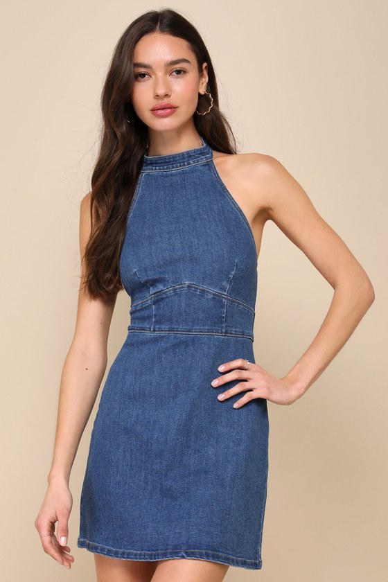 Dark Wash Denim Dress - Denim Halter Dress - Backless Mini Dress - Lulus