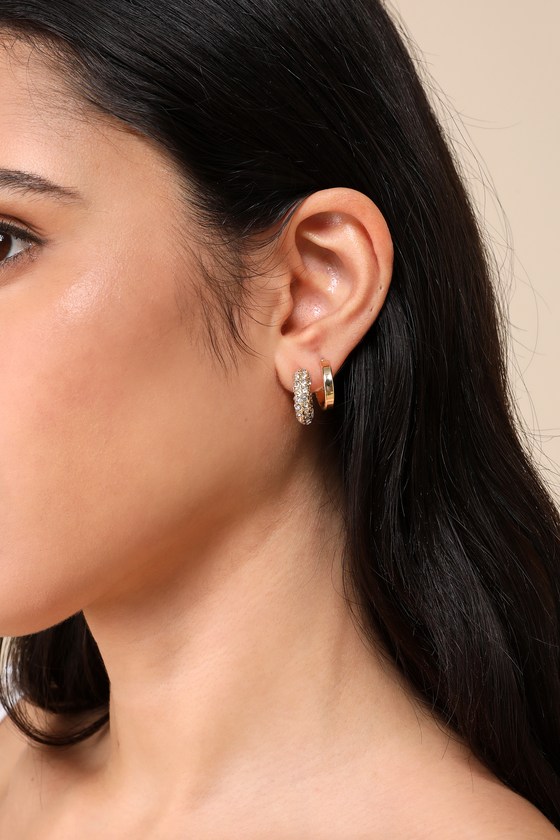 Gold Rhinestone Hoops - Hoop Earring Set - Huggie Hoops Set - Lulus