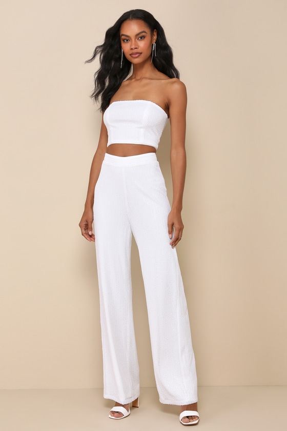 White Sequin Jumpsuit - Two-Piece Jumpsuit - Strapless Jumpsuit - Lulus