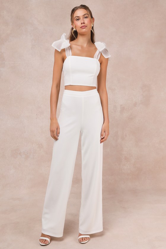 White Tie-Strap Jumpsuit - Two-Piece Jumpsuit - Wide-Leg Jumpsuit - Lulus