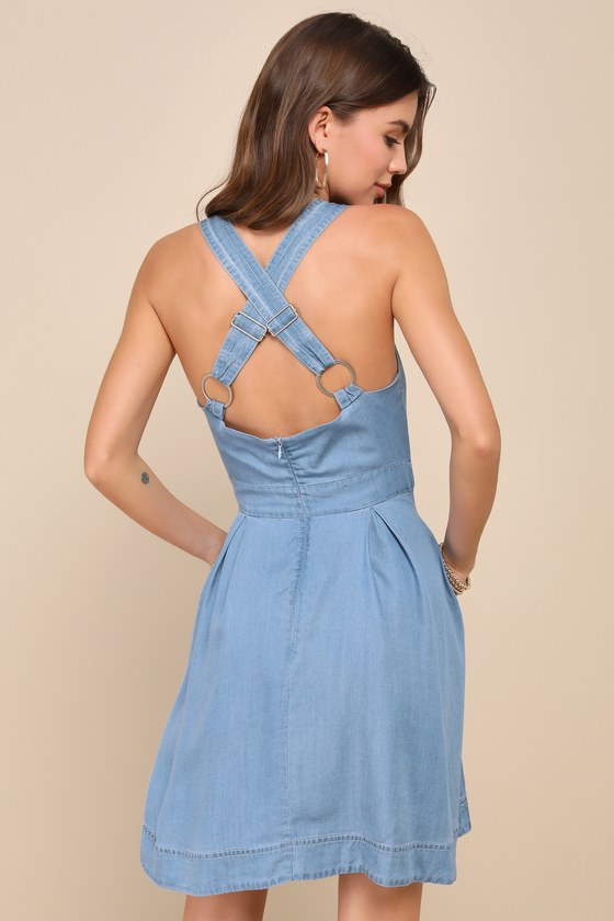 Blue Chambray Dress - Mini Dress With Pockets - Pleated Dress - Lulus