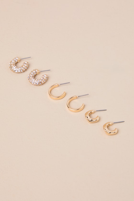 Gold Rhinestone Hoops - Hoop Earring Set - Huggie Hoops Set - Lulus