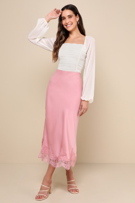 Chic Blush Pink Skirt - High-Rise Midi Skirt - Satin Lace Skirt - Lulus