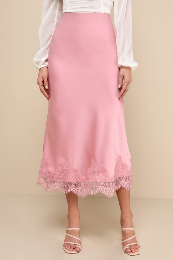 Chic Blush Pink Skirt - High-Rise Midi Skirt - Satin Lace Skirt - Lulus