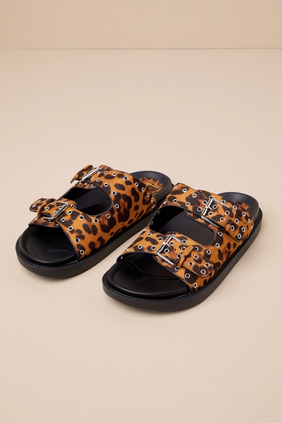 Cheetah Print Sandals - Brown Buckled Sandals - Slide Sandals - Lulus
