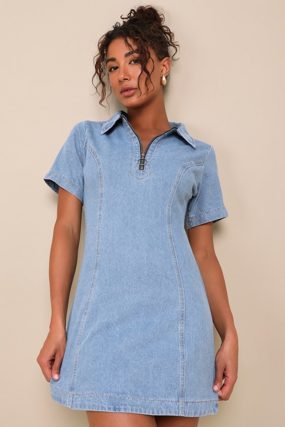 Light Wash Denim Dress - Collared Denim Dress - Zipper Dress - Lulus