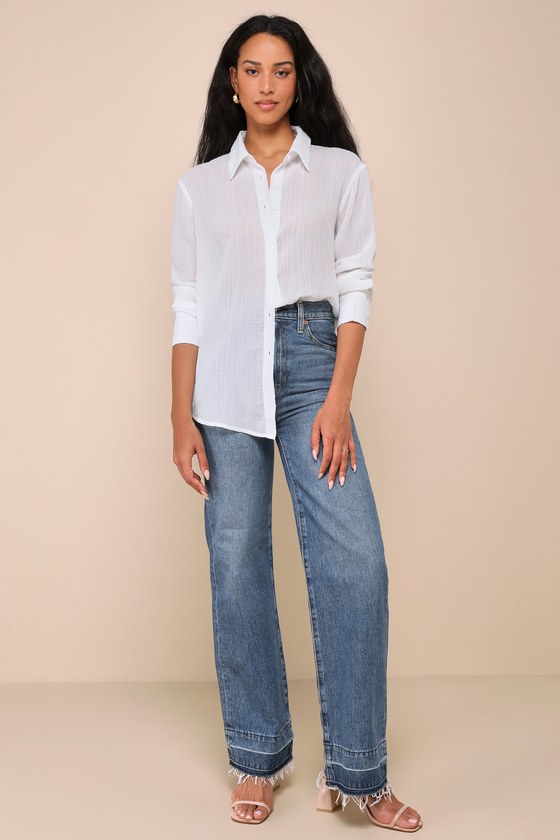 White Semi-Sheer Top - White Button-Up Top - Collared Top - Lulus