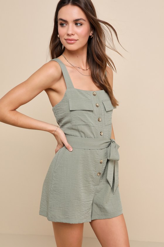 Sage Green Sleeveless Romper - Belted Romper - Button Romper - Lulus