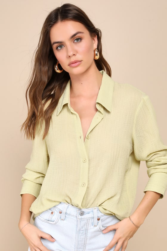 Light Green Semi-Sheer Top - Green Button-Up Top - Collared Top - Lulus