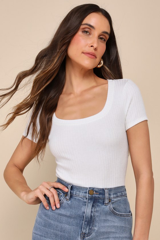 Ivory Ribbed Knit Top Short Sleeve Top Crew Neck Top Lulus
