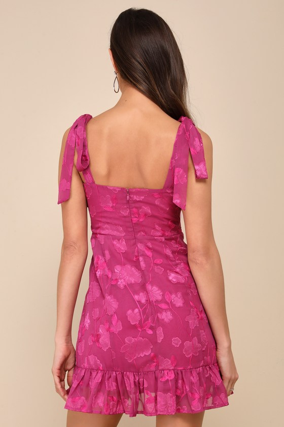 Magenta Floral Mini Dress - Embroidered Dress - Tie-Strap Dress - Lulus