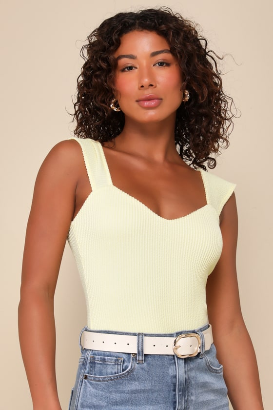 Light Yellow Bodysuit - Textured Ribbed Knit Top - Bodysuit - Lulus