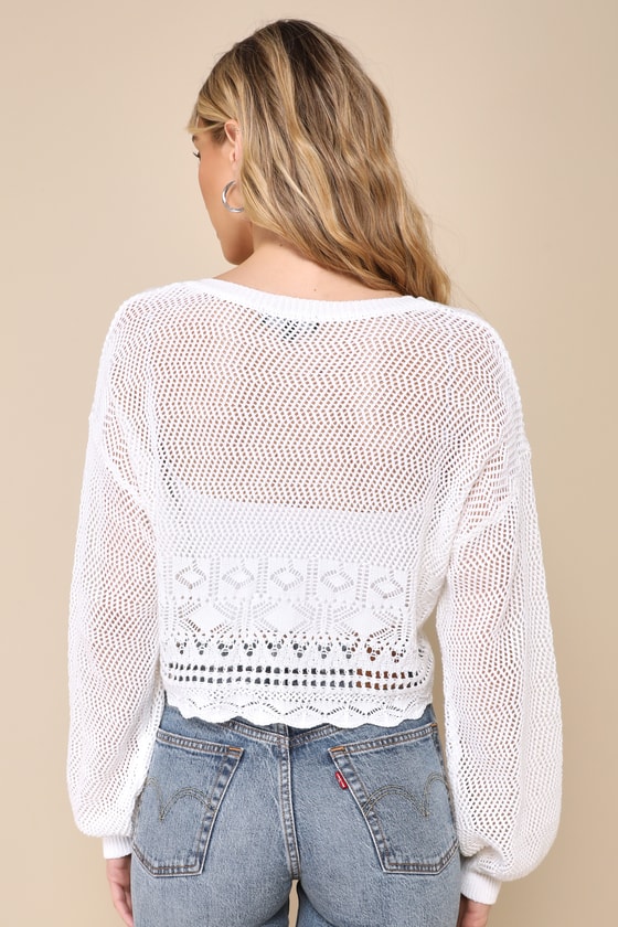White Pointelle Knit Sweater - Sheer Cropped Sweater - Sweater - Lulus