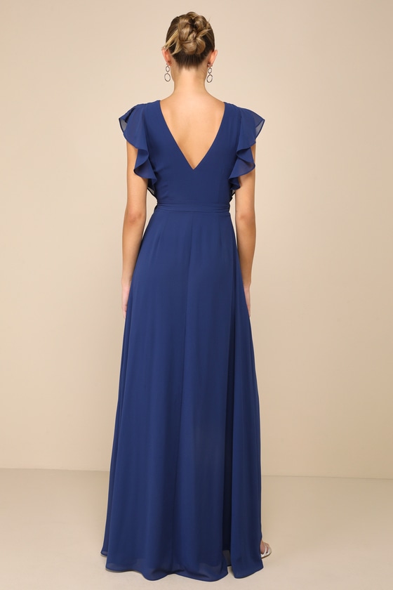 Dark Blue High-Low Gown - Wrap Dress - Ruffled Bridesmaid Dress - Lulus
