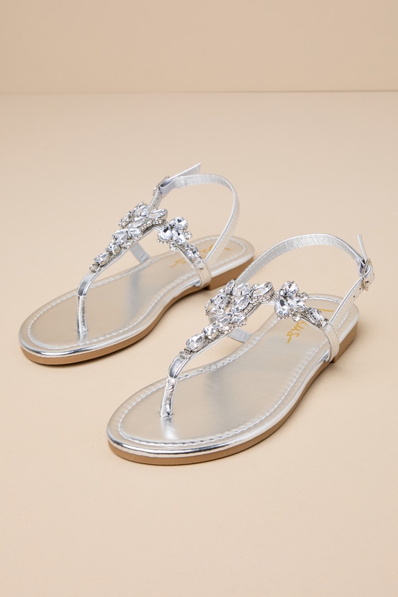 Silver Metallic Sandals - T-Strap Sandals - Rhinestone Sandals - Lulus