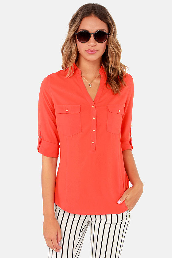 Cute Coral Top - Button-Up Top - Long Sleeve Top - $45.00 - Lulus
