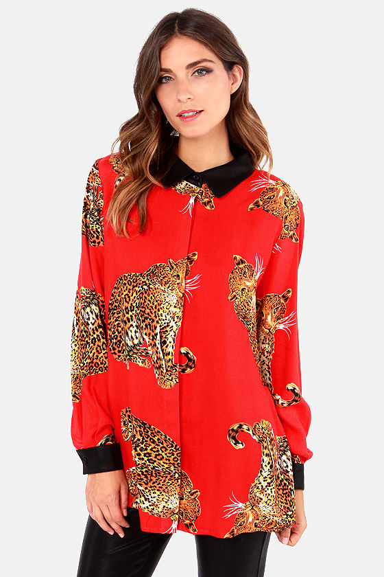 Animal Print Top - Leopard Blouse - Red Top - Long Sleeve Top - $71.00 ...