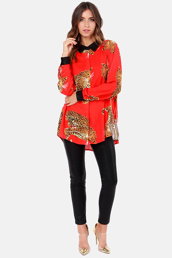 Animal Print Top - Leopard Blouse - Red Top - Long Sleeve Top - $71.00 ...