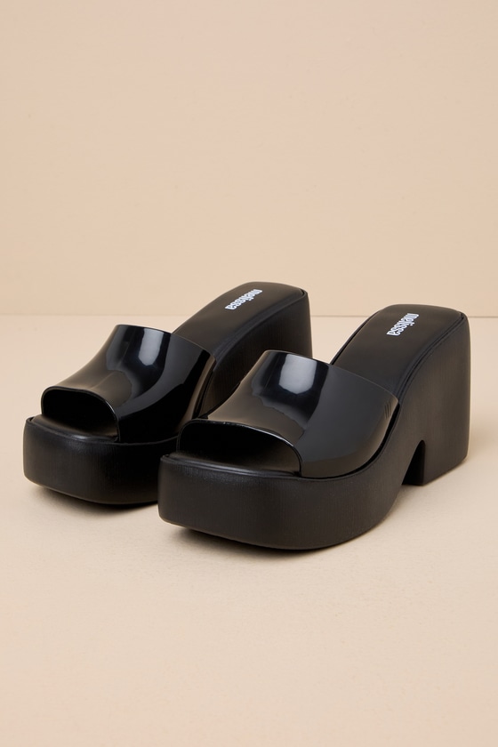 Melissa Posh Black - Black Platform Slides - Vinyl Sandals - Lulus