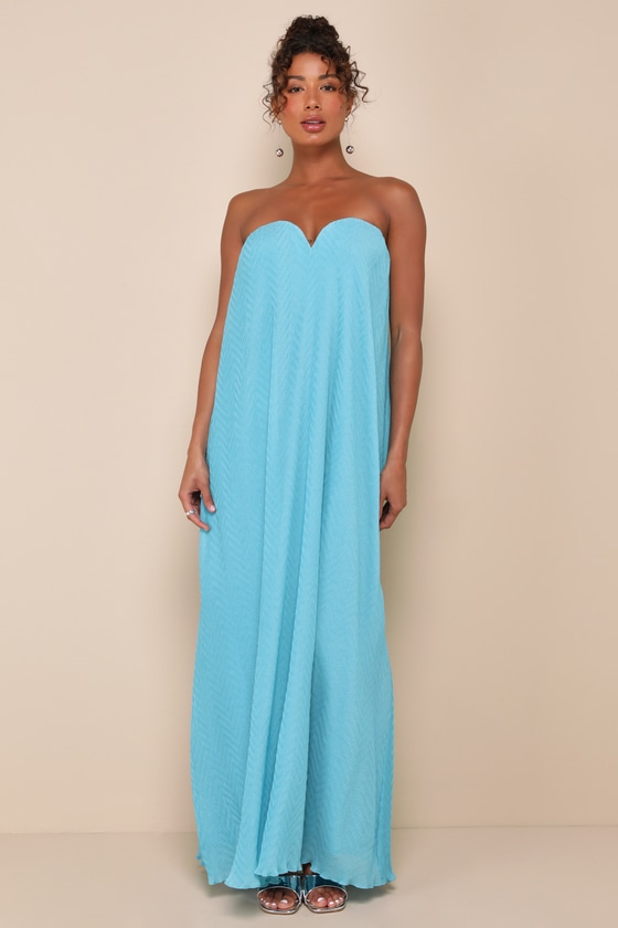 Turquoise Swing Dress - Textured Dress - Strapless Maxi Dress - Lulus