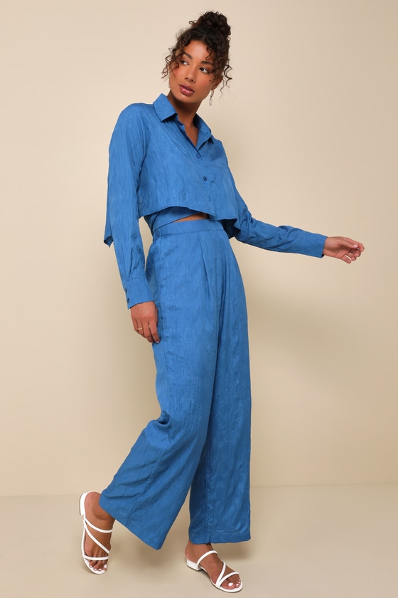 Blue Textured Top - Cropped Tie-Back Top - Cropped Button-Up Top - Lulus