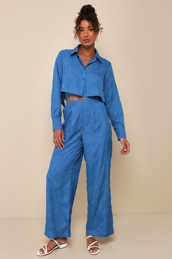 Blue Textured Pants - Wide-Leg Pants - High-Rise High Waist Pants - Lulus
