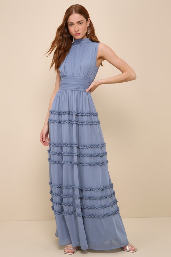 Slate Blue Dress - Chiffon Backless Dress - Ruffled Maxi Dress - Lulus