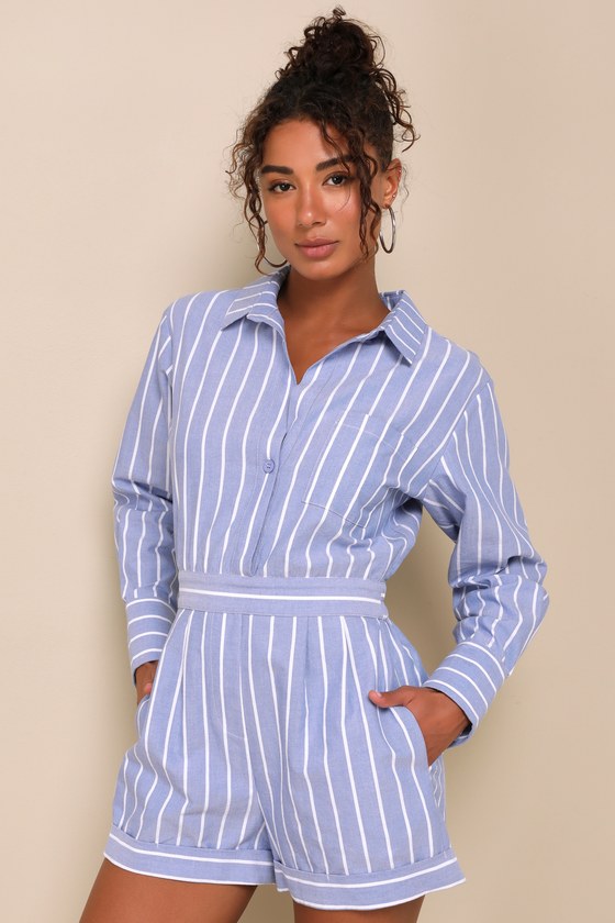 Blue Striped Romper - Collared Cotton Romper - Long Sleeve Romper - Lulus