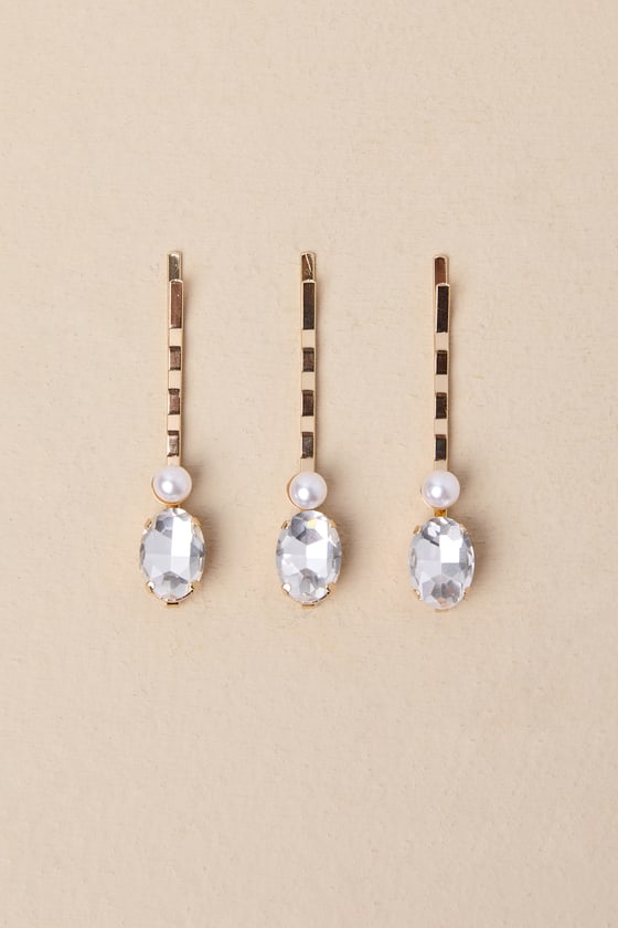 Gold Pearl Hair Clip Set - Rhinestone 3-Pc Pin Set - Hair Pins - Lulus