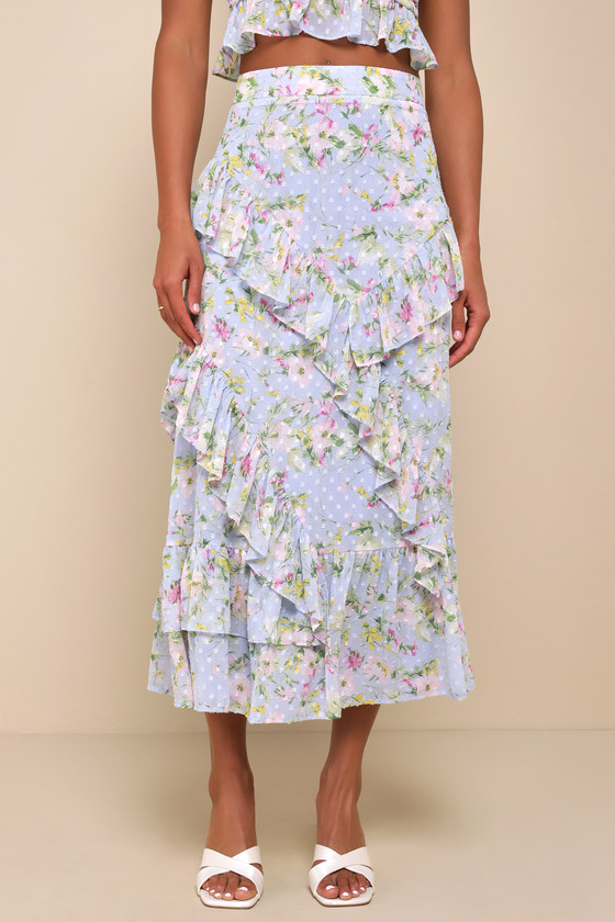Light Blue Floral Skirt - Ruffled Asymmetrical Skirt - Maxi Skirt - Lulus