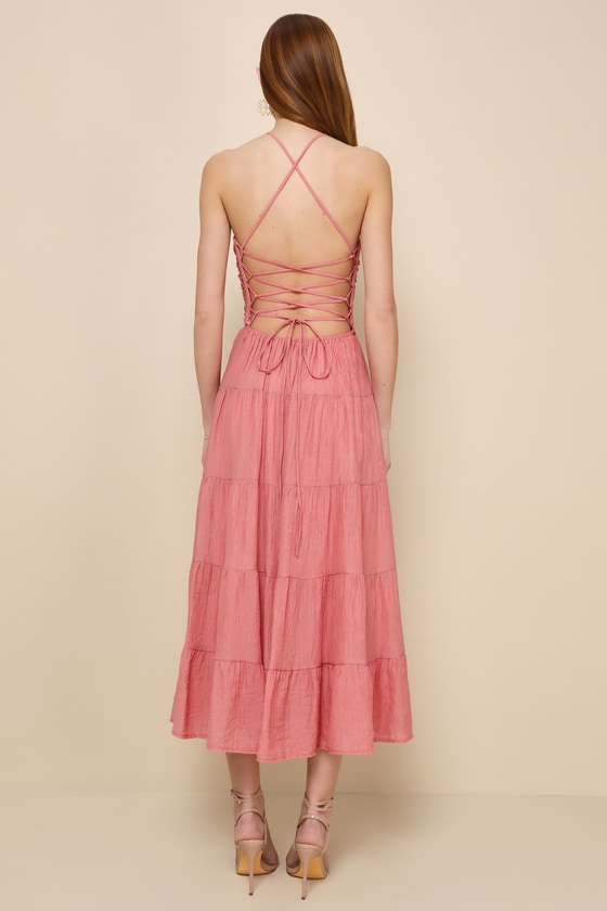 Rusty Rose Sundress - Tiered Midi Dress - Halter Ruched Dress - Lulus