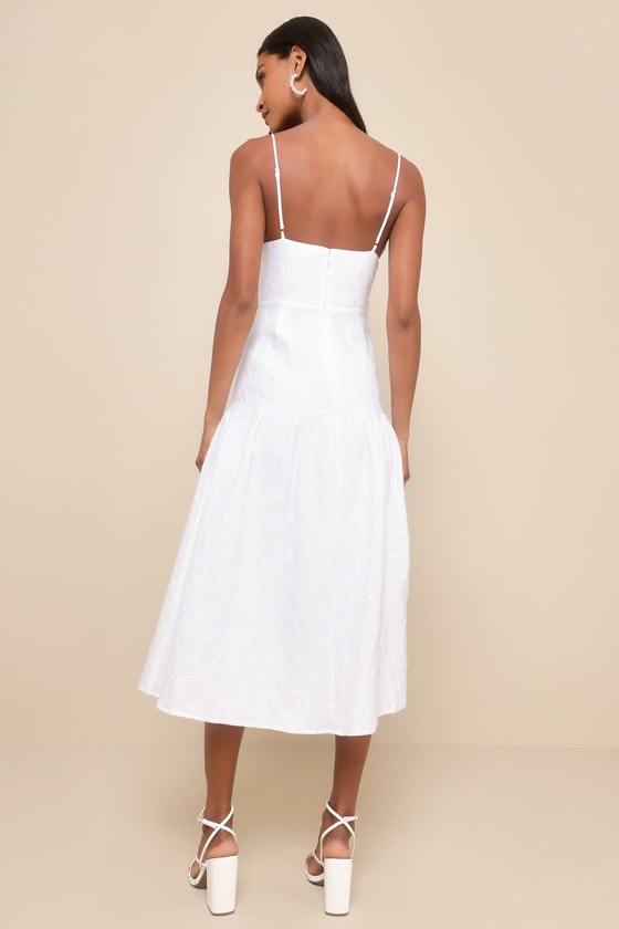 White Crinkle Dress - Embroidered Midi Dress - Drop Waist Dress - Lulus