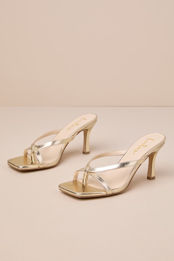 Shiny Gold Sandals - Strappy High Heel Sandals - Slide Sandals - Lulus