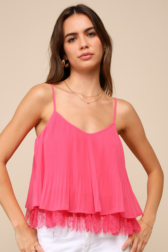 Hot Pink Plisse Top - Pink Cami Top - Lace Trim Cami Top - Lulus