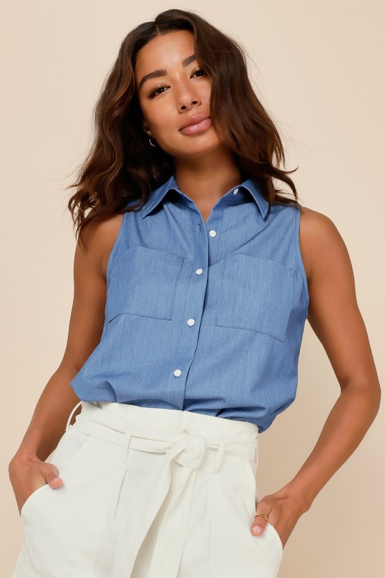 Chambray Collared Top - Sleeveless Top - Cute Button-Up Top - Lulus